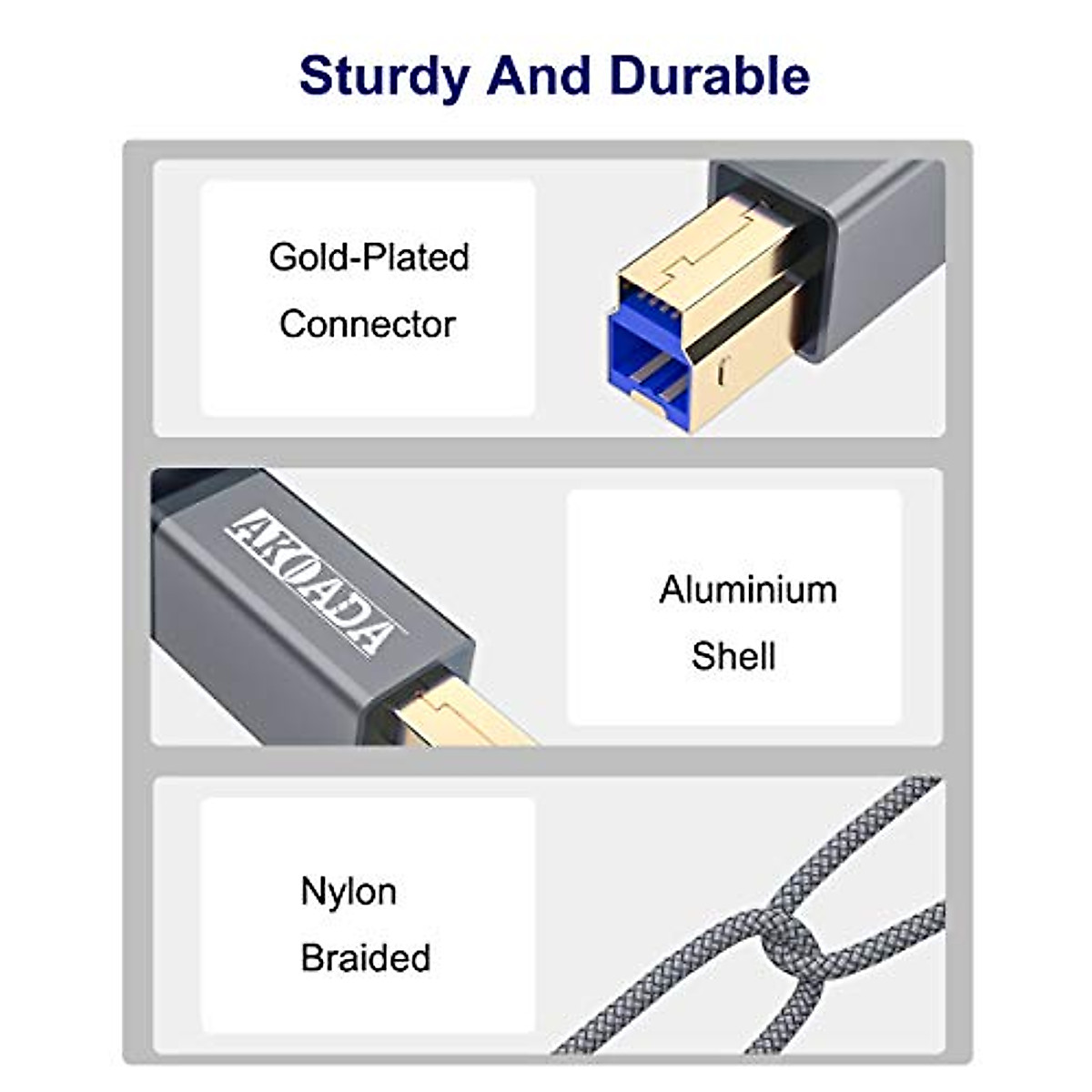 USB A to USB B 3.0 Cable (10FT), AkoaDa Durable Nylon Braided Type A to B Male Cable Compatible with Printers, Monitor, Docking Station, External Hard Drivers, Scanner, USB Hub and More Devices(Grey)