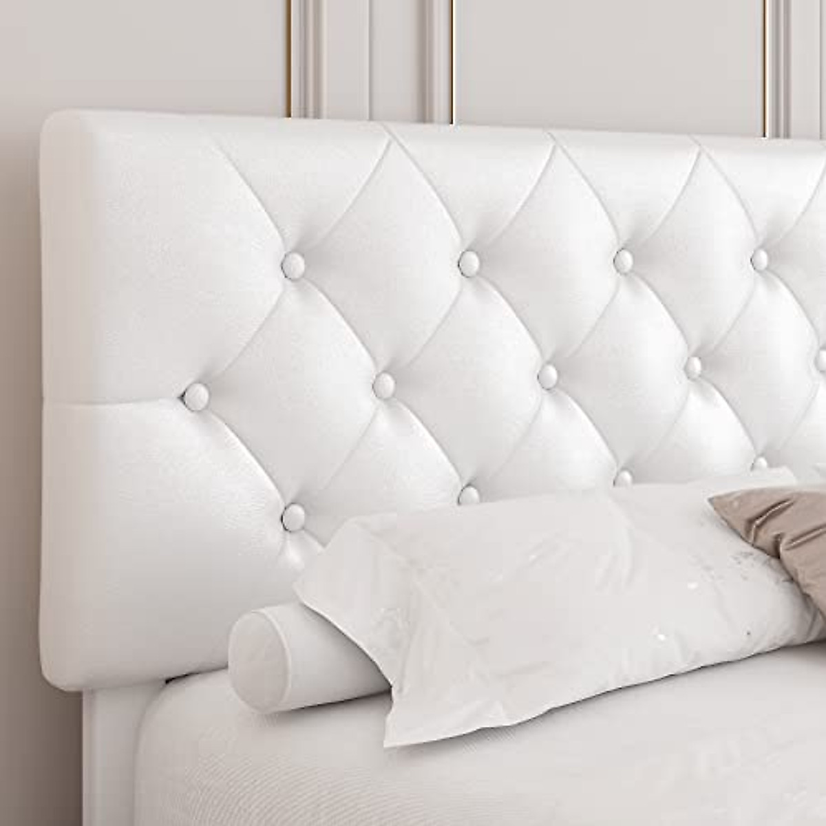 Queen Bed Frame with Storage and Adjustable Headboard, Bed Frame with 4 Drawers and Wooden Slats Support, No Box Spring Needed, PU, White