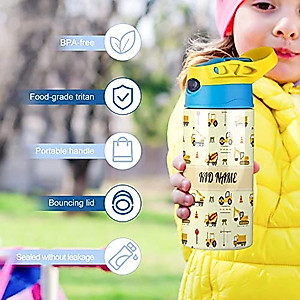 Mrokouay Custom Cartoon Excavator Car Kids Water Bottle with Straw Lid Personalized Add Your Text Stainless Steel Sports Water Bottles Customized Reusable Leak-Proof Toddlers Cup for School, Travel
