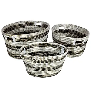 Giantex Woven Laundry Basket 24"/20"/16"- Set of 3 Stackable Storage Baskets with Handles, Large Oval Kans Grass Woven Baskets Laundry Hamper for Throw Blanket Clothes Living Room Bedroom