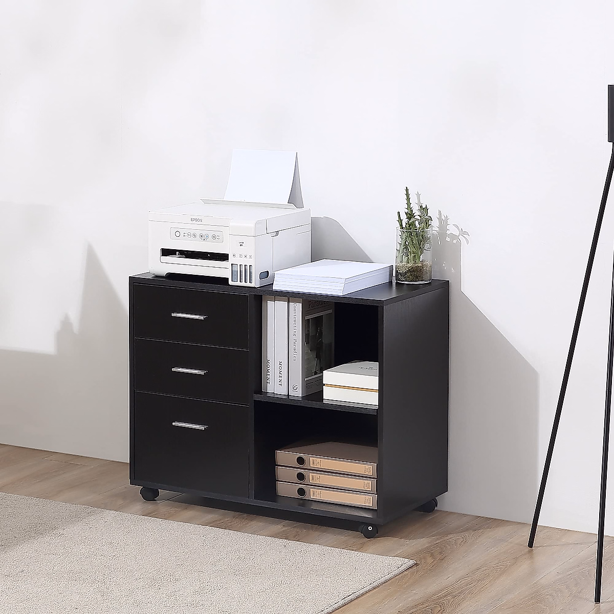 HOMCOM 3 Drawer Printer Stand, Mobile Office Cabinet with 2 Storage Shelves for Home Office, Black