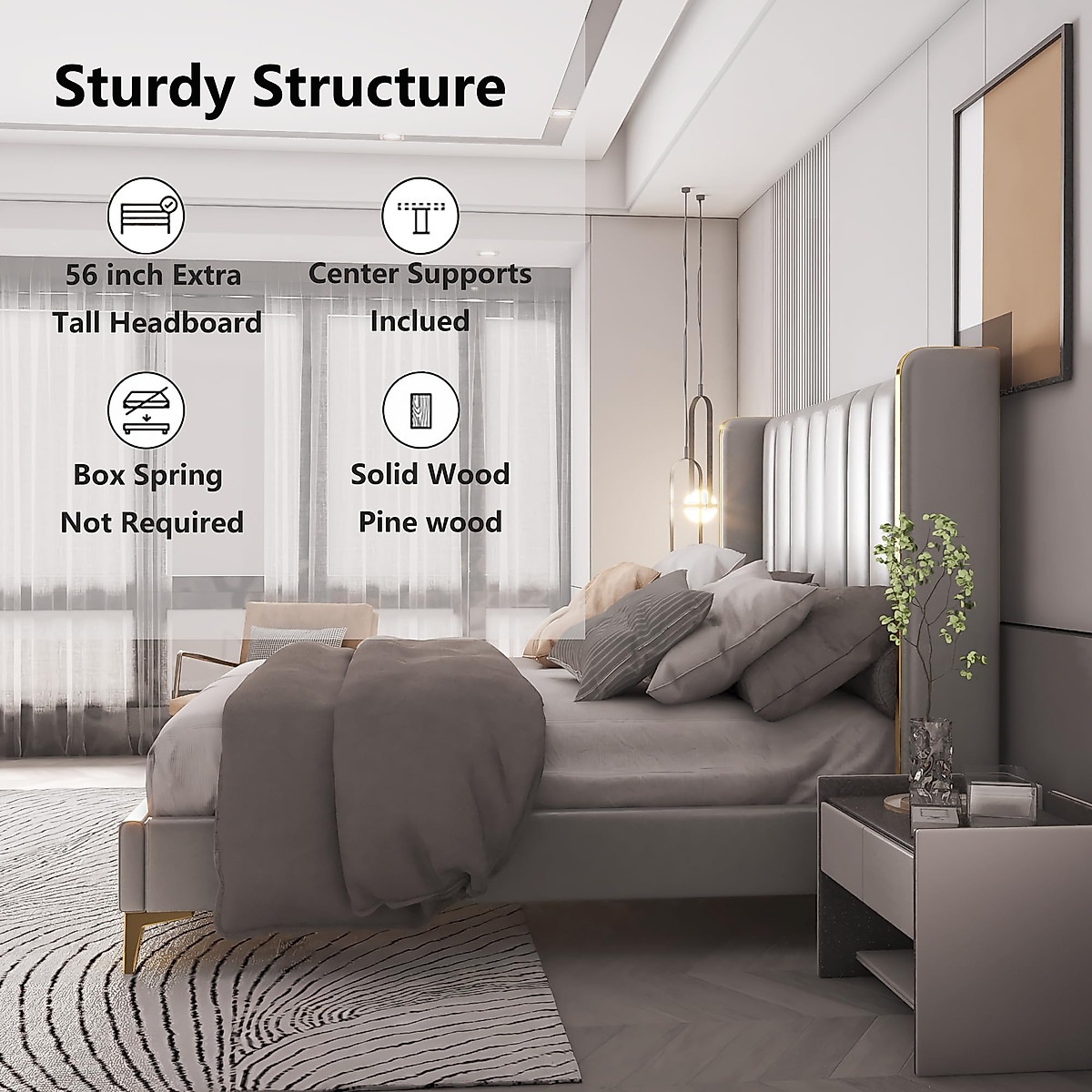 King Size Bed Frame, Upholstered Platform Bed with Tall Channel Tufted Headboard, Classic Modern Grey Mattress Foundation with Thickening Pine Wooden Slats and Metal Leg, No Box Spring Needed