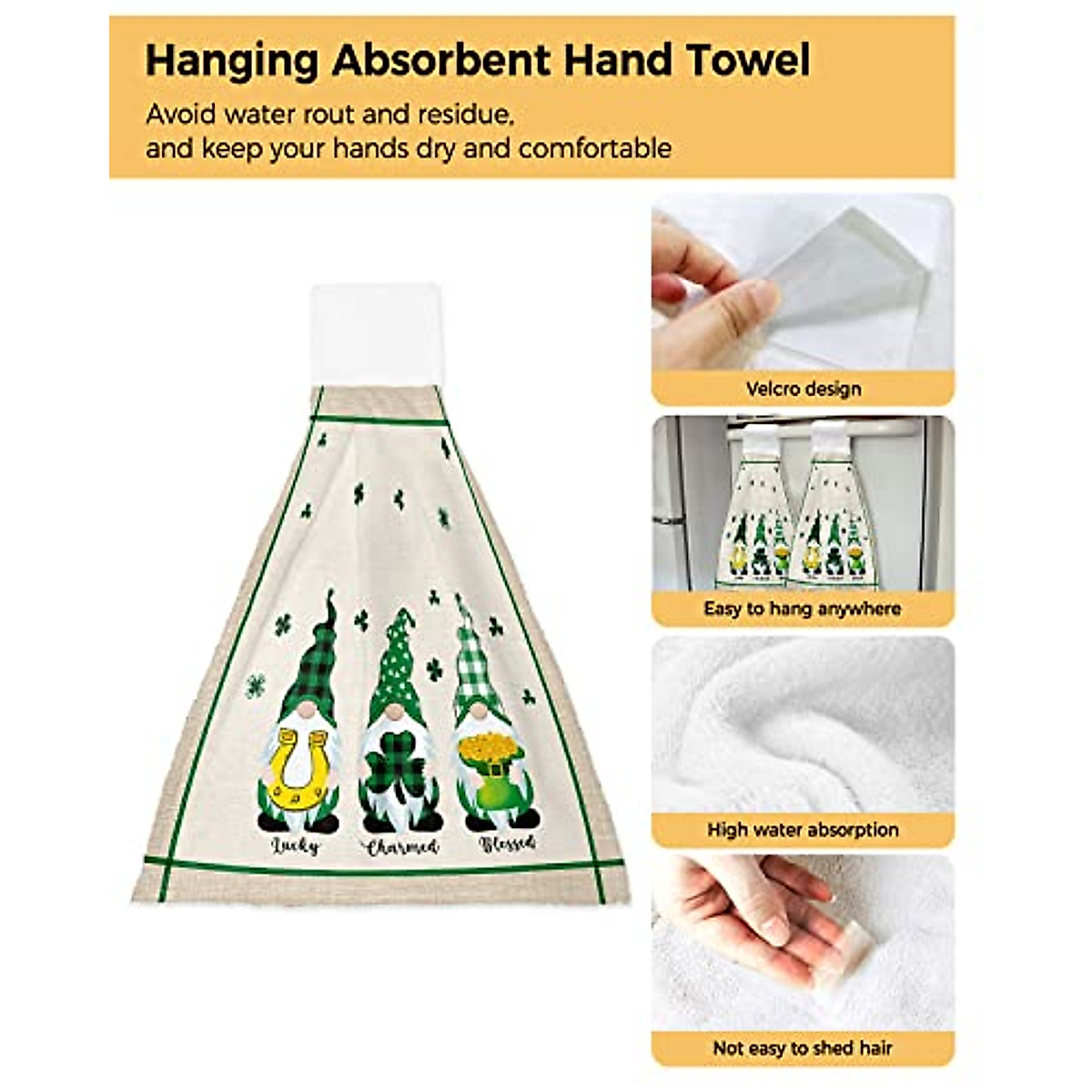 Kitchen Hanging Towel, Hand Towels with Loop Vintage Irish Lucky Gnome 1 Pack Soft Absorbent Tie Towel for Bathroom St. Patrick's Day Clovers on Chic Linen Tea Bar Dish Cloths Home Cleaning Terry