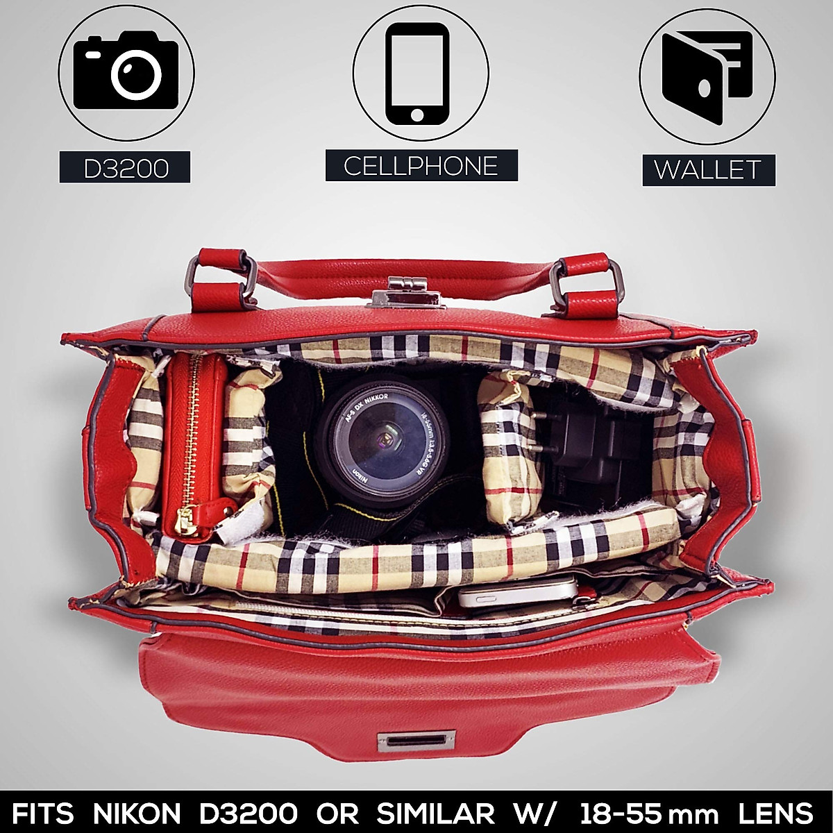 Camera Bags for Women, Multi-Functional Leather Top-Handle Ladies Handbags and Purses with Removable Padded Case
