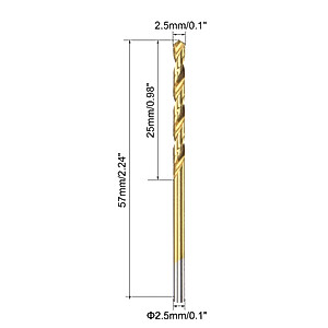 uxcell High Speed Steel Straight Shank Twist Drill Bit Fully Ground Titanium Coated 2.5mm Drill Diameter 57mm Total Length 25mm Drill Bit Length 6 Pcs