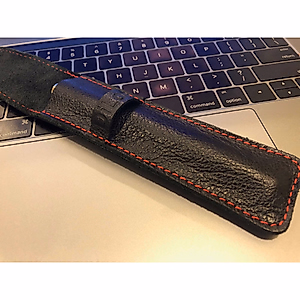 DiLoro Full Grain Leather Single Pen Case Holder Pouch Pencil Organizer (Buffalo Black w Red)