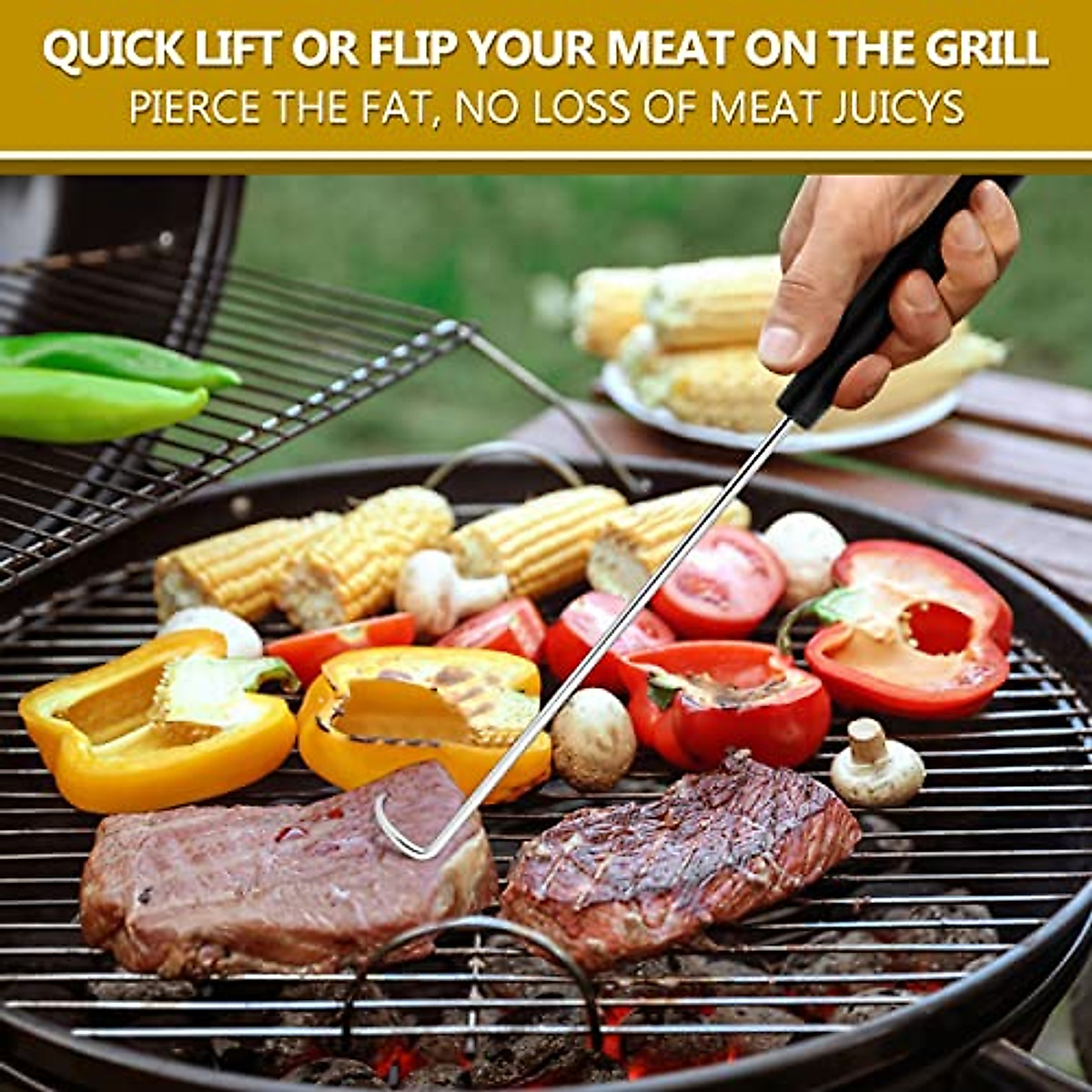 Joyfair Food Flipper Hook Set of 2 (17 In + 12 In), Pigtail Meat Turner Hooks for Barbecue Grilling Flipping Turning Steaks & Vegetables, Stainless Steel BBQ Grill Accessories for Right-Handed