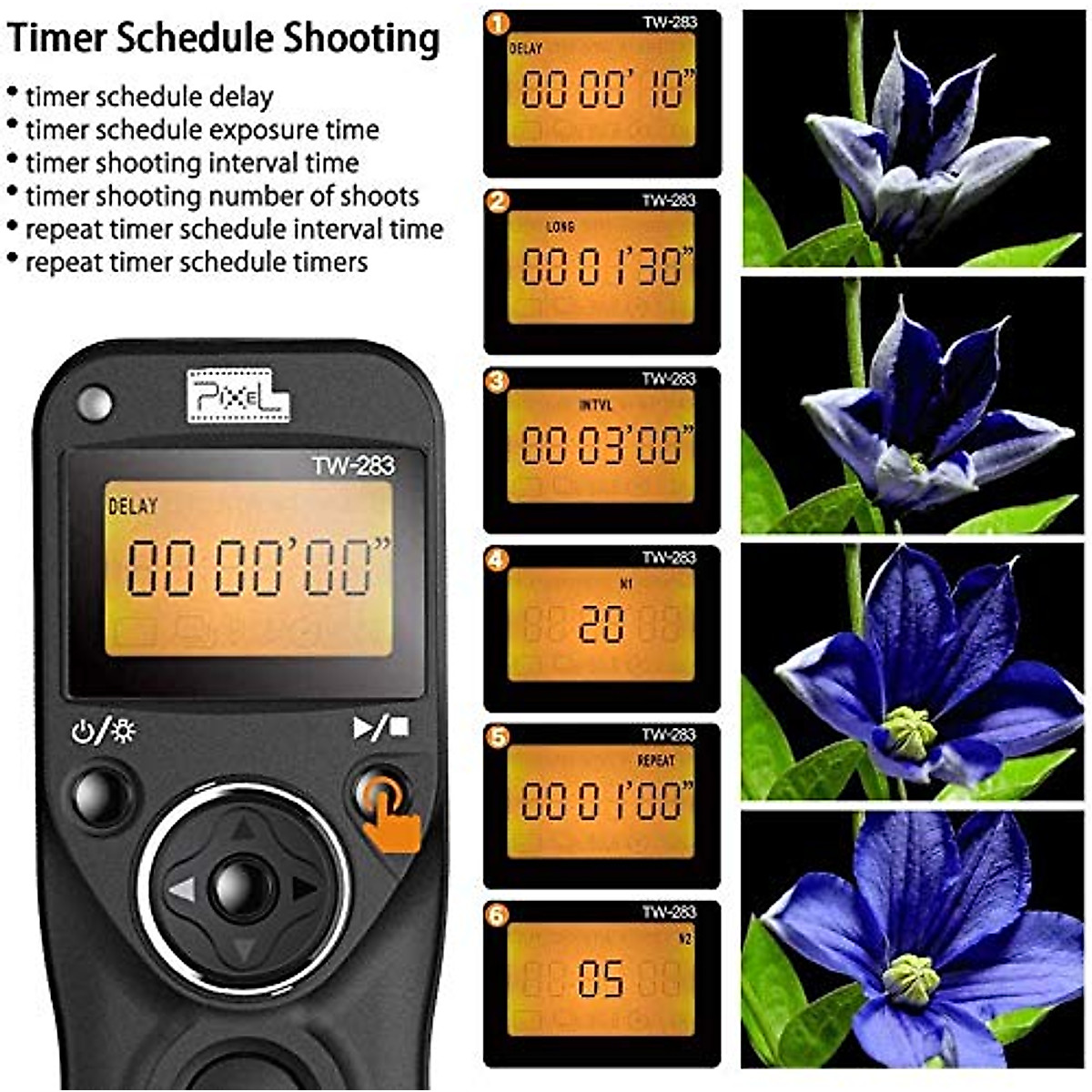Pixel Remote Timer TW-283/E3 LCD Multi-Function Shutter Remote Release Timer Controller Adapter for Canon EOS DSLR Pentax Contax Cameras