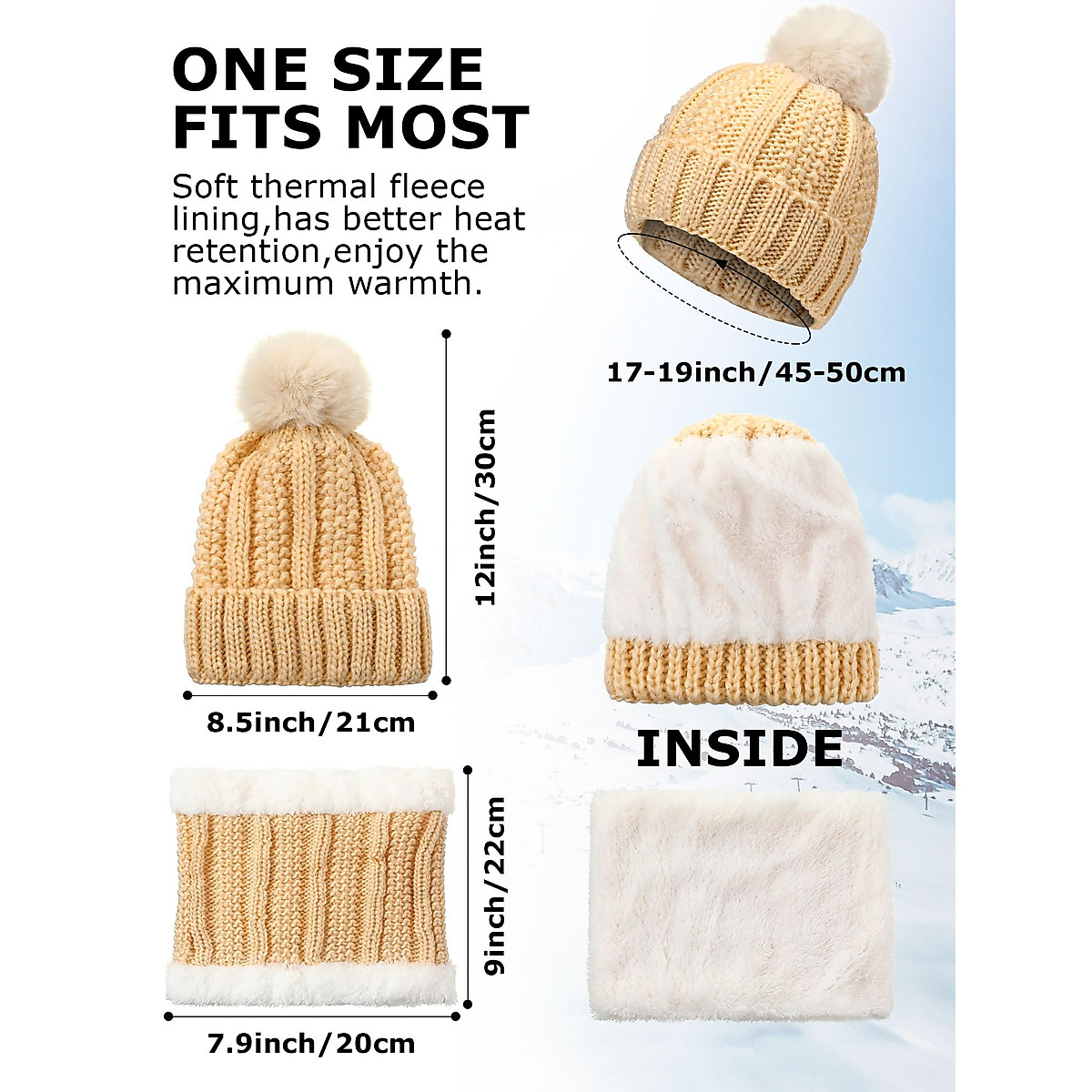 12 Pcs Winter Beanie Hat Scarf Touchscreen Gloves Set Fleece Lined Knit Beanie Hat Neck Warmer Scarf for Men Women (Black, White, Beige, Gray)