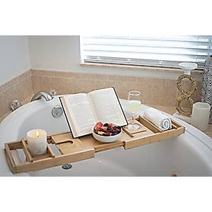 WilloCroft Bamboo Bathtub Tray – Expandable Bath Tray with Stand for Book & Tablet – Bathtub Caddy with Holder for Mobile & Wine Glass – Bath Tray with Leather Handles for Luxury Spa, Hotel & Home