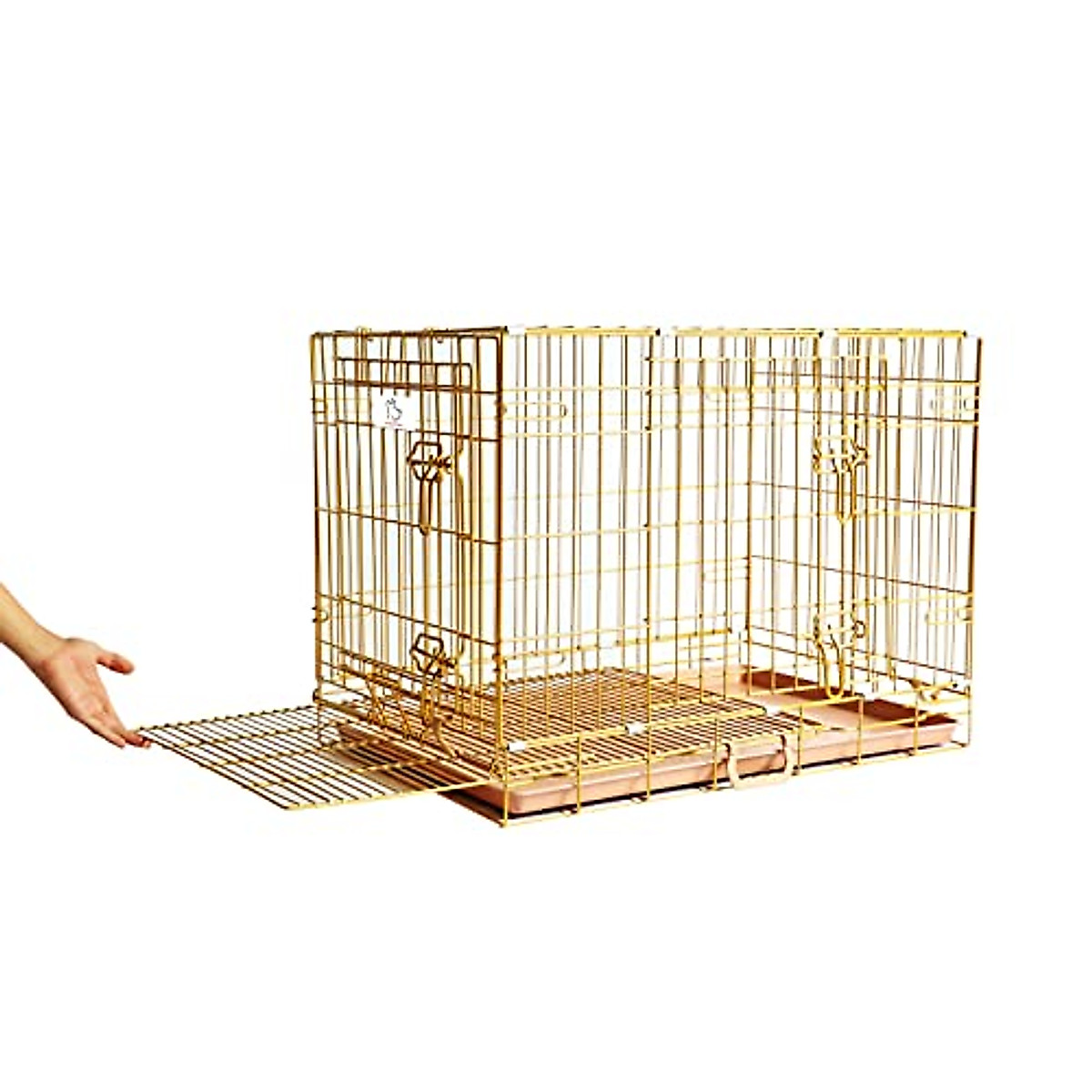 HOMEY PET Gold Color Folding Design Dog Crate Puppy Kennel with Removable Floor Grid and Pull Out Tray