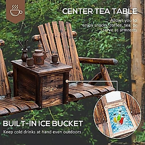 Outsunny Double Wooden Adirondack Chair with Ice Bucket, Outdoor Loveseat with High Backrest, Smooth Armrest, Rustic Brown
