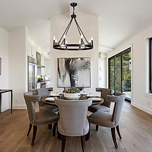 ADSENSTY Black Wagon Wheel Chandelier, 8 Lights Chandelier for Dining Room Light Fixture Round Industrial Pendant Light Fixtures for Living Room Foyer Entryway