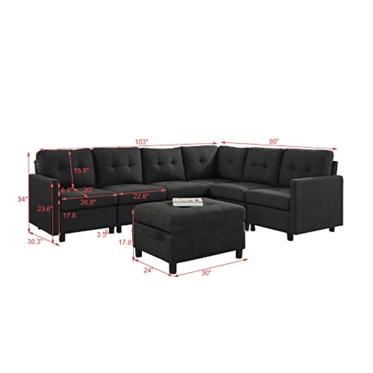 BEEY Modular Sectional Sofa Couches Living Room 6 Seats Corner Sectional Couches L- Shape Sofa Couch with Ottoman Set for Small Apartment,Deep Grey