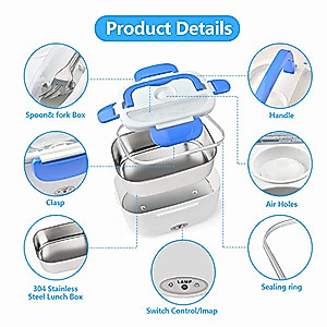 Electric Lunch Box Food Heater, Leak Proof Portable Food Warmer, 3-In-1 Lunch Heating Microwave for Car/Truck/Home, Removable 304 Stainless Steel Container 1.5L, SS Fork & Spoon and Carry Bag, Blue