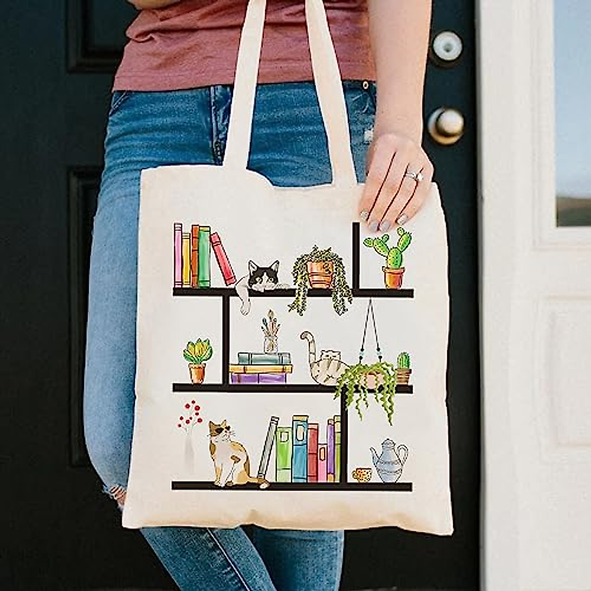 Fertkxsi Cute Cat Canvas Totes Bag Aesthetic for Women Floral plant Print Tote Bags book totes shopping travel beach bag