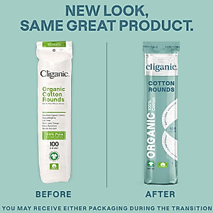 Cliganic Organic Cotton Rounds (300 Count) Makeup Remover Pads, Hypoallergenic, Lint-Free | 100% Pure Cotton (Packaging May Vary)