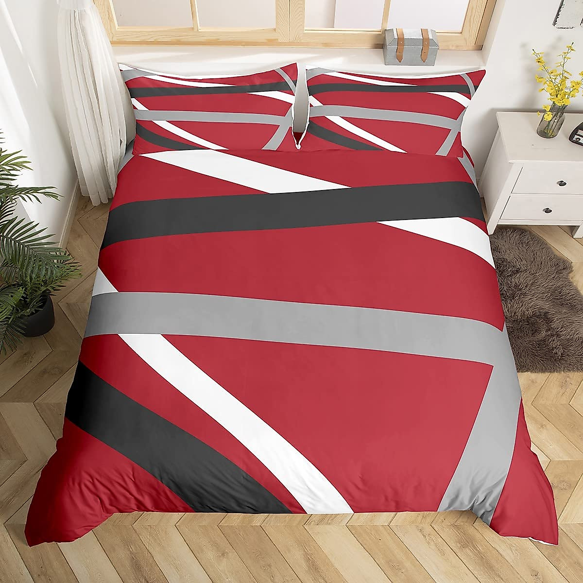Erosebridal Red Grey White Geometry Lines Duvet Cover Queen,Bold Stripes Comforter Cover,Geometric Lines Bedding Set,Abstract Graphics Quilt Cover with 2 Pillow Shams for Adult Youth Bedroom Decor