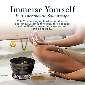 Sanskar Nepal - Tibetan Singing Bowl Set of 7, Handcrafted Singing Bowl for Meditation & Holistic Healing, Yoga Accessories, 3-5” Brass Singing Bowls with Wooden Striker, Cushion & Yellow Carry Box