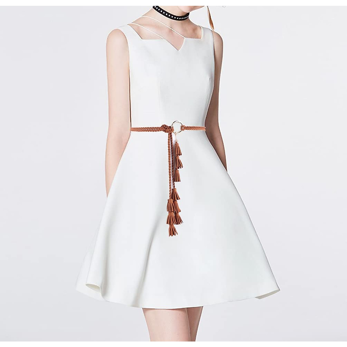 2 Pack Women Girls PU Leather Waist Belt Chain Skinny Rope with Double Tassel for Dress Skirt (1pc Black+1pc Camel)