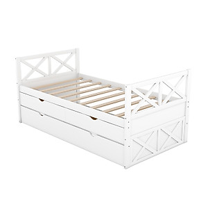 LZ LEISURE ZONE Twin Size House Bed, Solid Wood Platform Bed with Trundle, 3 Storage Drawers and Roof, White