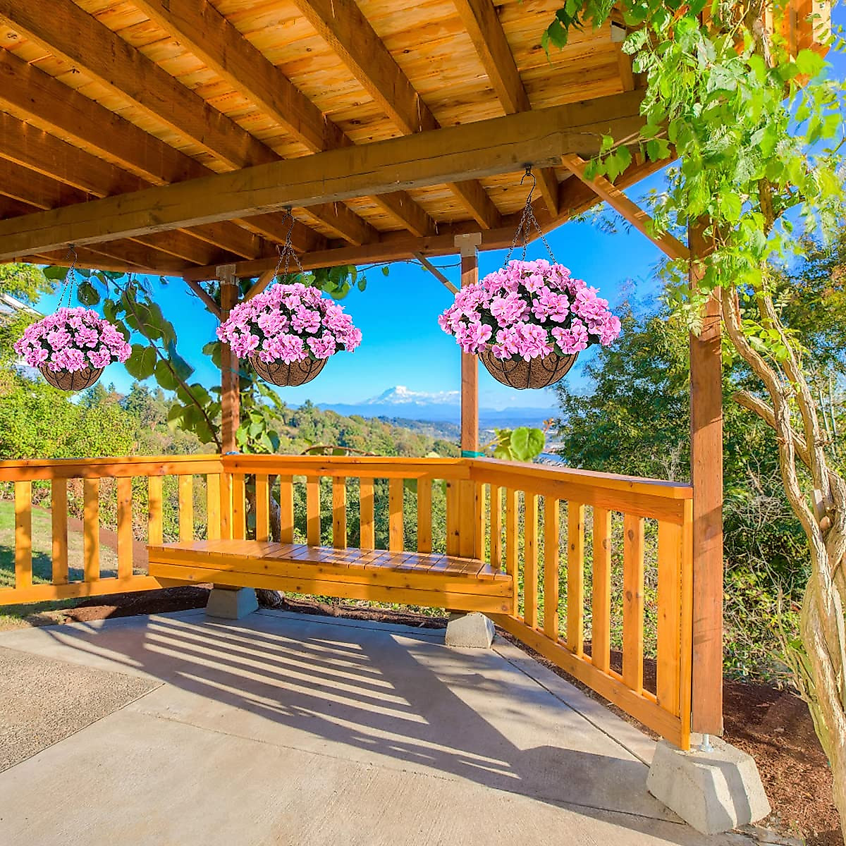 ZFProcess Artificial Flowers Hanging Basket with Begonia Silk Flowers for Outdoor/Indoor, Artificial Geranium Flowers in 12'' Basket for Patio Lawn Garden Summer Decoration(Deep Pink)