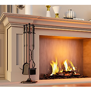 Fire Beauty Fireplace Tools, 5 Pieces Fireside Accessories Fire Kit Set, Stand Woodstove Tools Holder Wrought Iron Handle Indoor Fireset Stand (32 Inches)