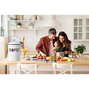 JRW Design White Kitchen Compost Bin Plus 2 Non-Smell Filters, 1.3 Gallon Farmhouse Bin for Countertop, Durable Bin Kitchen with Handle, Easy to Clean, Rust Proof Composting Bin, Compost Bucket