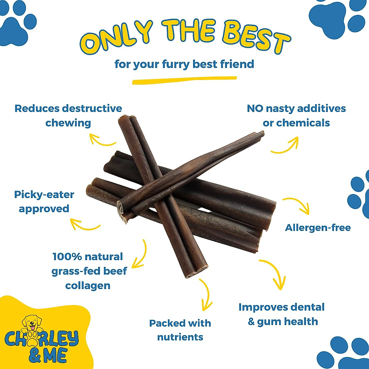 CHARLEY & ME Premium Collagen Sticks for Dogs - Long Lasting Dog Treats, Free Dog Chew Sticks - Hip & Joint Support, Healthy Skin, Shiny Coat - 100% Natural Beef - 6 Inches (Pack of 25)