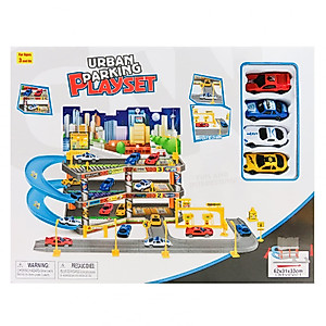 Kidplokio Ultimate Toy Car Garage Diecast Vehicle Playset with 4 Diecast Cars, Boys Ages 3+