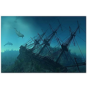 Victories Fish Tank Backdrop-PVC HD Printing Wallpaper,Shipwreck on The Seabed Aquarium Poster Background Decor Paper Cling Decals Sticker