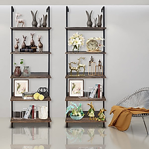 Wolawu 5 Tiers Ladder Shelf 2-Piece Black Modern Tall Bookshelf Open Large Tall Wall Mount Storage Bookcase Standing Leaning Wall Shelves Industrial Decorative