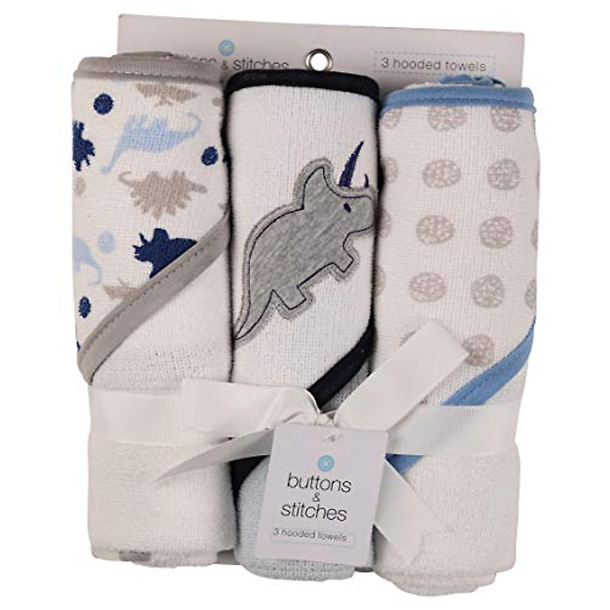 Cudlie Buttons and Stitches Baby Boys 3 Pack Infant Hooded Towel, Triceratops Prints (GS71365)