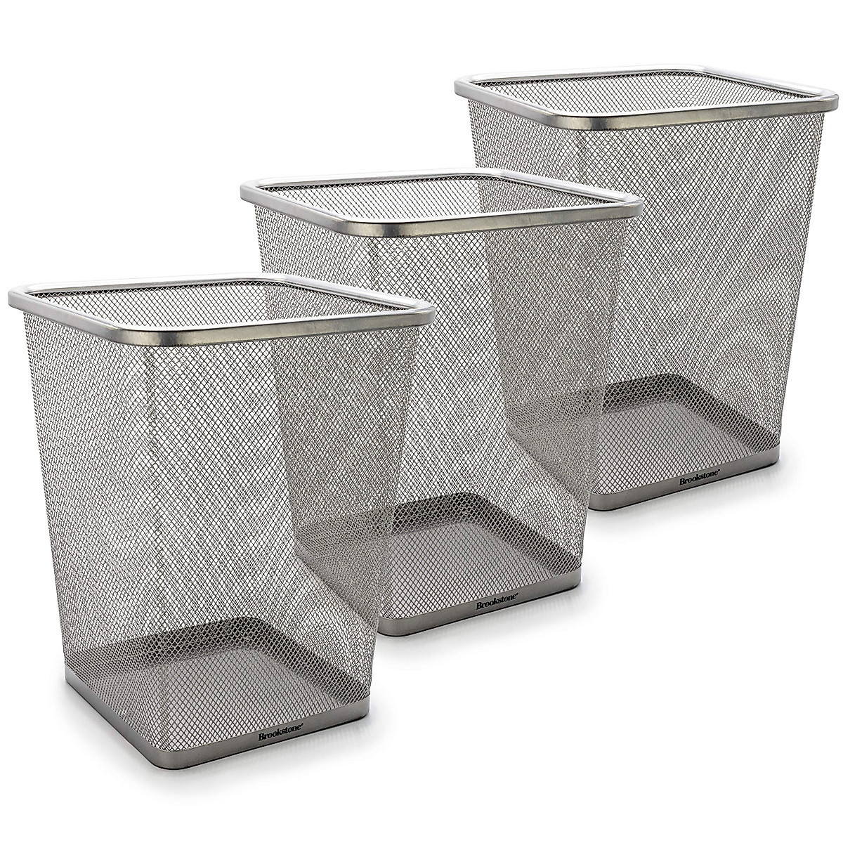 Brookstone BKH1461, [3 Pack] Metallic Mesh Wastebasket for Office & Home, Open Top, Under Desk Trash Can, Lightweight & Sturdy Recycling Bin, Standard, Silver
