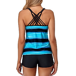 Yonique Womens Tankini Swimsuits Athletic Two Piece Tummy Control Bathing Suits with Shorts Modest Tank Tops Gradient Blue Stripe XL