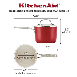 KitchenAid Hard Anodized Ceramic Nonstick Cookware Sauce Pan with Lid, 3 Quart, Empire Red
