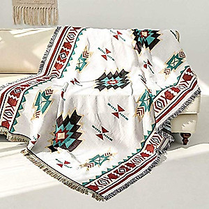 AIVIA Southwest Throw Blanket for Couch Bed, Cotton Woven Southwestern Navajo Throws Tapestry Cover for Living Room Chair Sofa Decorative w/Boho Fringe - Off White Green Burgundy Red, 50" x 60"