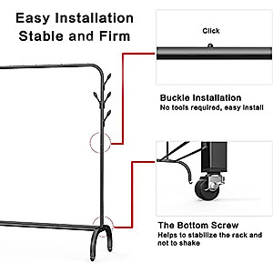 HILI Clothing Garment Rack with Wheels, Metal Clothes Stand Rack with Shoe Storage Rod, Sturdy Steel Frame Coat Rack for Indoor, Laundry, Bedroom(Black) (HY0006)