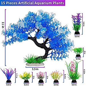 MyLifeUNIT Fish Tank Decorations, 15 Pack Artificial Aquarium Plants Tree Set for Fish Tank Decor (Bule Set)