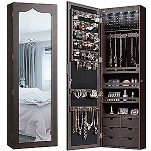 CHARMAID 5 LEDs Mirror Jewelry Armoire Wall Door Mounted, Lockable Jewelry Cabinet with 6 Drawers and Full Length Mirror, Large Capacity Jewelry Organizer Storage Jewelry Box with Drawers (Brown)