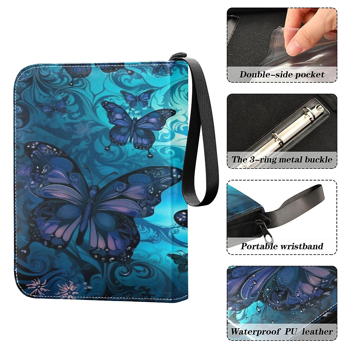 PYBUG Butterfly Trading Card Binder with Nylon Strap 4-Pocket Waterproof PU Leather Card Collection Binder for 400 Cards Sturdy Card Holder Folders for Game Cards,Sports Cards
