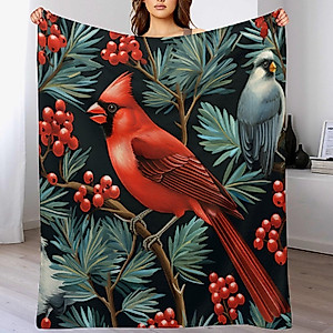 Winter Christmas Cardinal Bird Red Berries Blanket Memorial Christmas Throw Blankets for Bed 40"x50" Soft Cozy Microfiber Throw Blanket for Couch Sofa Bed for Girls Birthday Valentines Gifts