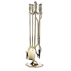 UniFlame Polished Brass Finish 5-Piece Fireplace Tools Set with Heavy Weight Steel Construction