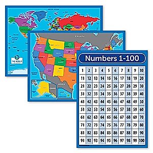 Palace Learning 3 Pack - World & USA Map Chart [Blank Short] + Numbers 1-100 Poster for Kids (LAMINATED, 18” x 24”)