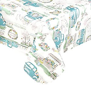 Newbridge Nostalgic Easter Market Farm Truck Vinyl Flannel Backed Tablecloth - Spring Flower Market, Bunny and Egg Print Indoor/Outdoor Easy Care Vinyl Tablecloth, 52” x 70” Oblong/Rectangle