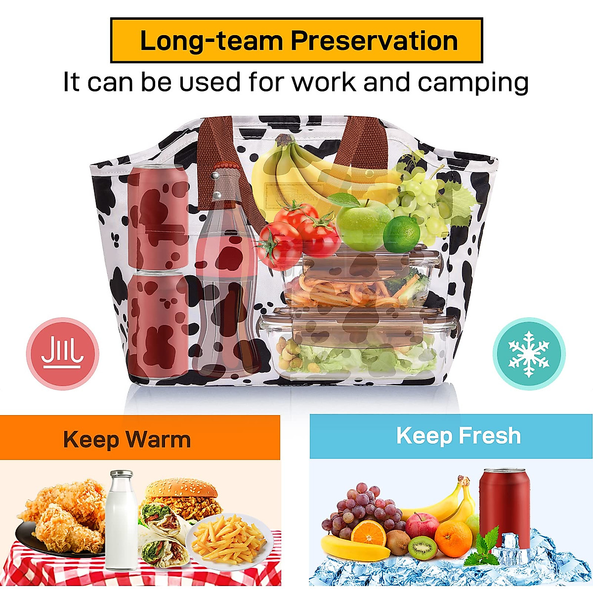 HOMESPON Fashionable Tote Reusable Insulated Lunch Bag Cooler Box with Pockets for Woman Man Work Shopping or Travel(Cow)