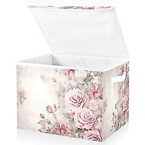 ALAZA Storage Bins Organizer Box Baskets Lidded Clothes for Shelves Closet Pink Rose Retro Collapsible Stackable Storage Cubes Handles
