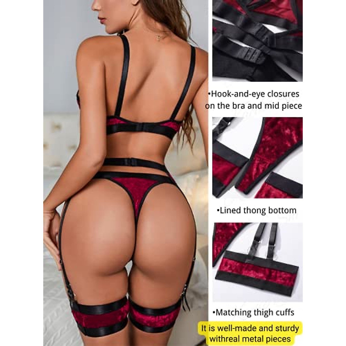 Kaei&Shi Garter Belt Thong Lingerie for Women,Strappy Hollow Out Sexy Lingerie,Underwire Mesh Sheer Matching 4 Piece Lingerie Set Valentine Day Red Velvet Medium