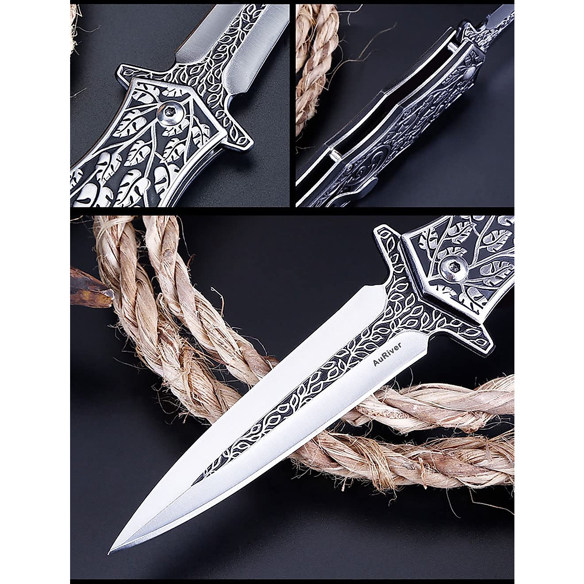 AuRiver Pocket Knife, Stainless Steel Knife with Retro Emboss Patterns and Pocket Clip on Handles for Camping, Fishing or Favorites Gifts