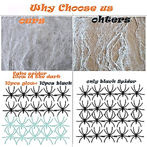 300 Sqft Halloween Spider Web Decorations, with 10 Glow and 10 Black Fake Spiders, Halloween Decorations Outdoor Large Stretch Spider Web Cobwebs Indoor (300 sqft Web+20 Spider)